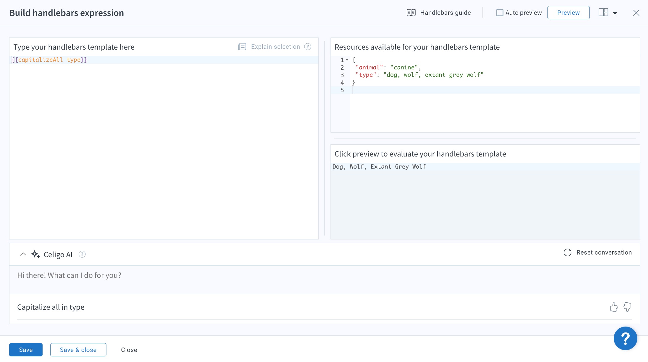 Create or explain handlebars using Celigo AI component – Celigo Help Center