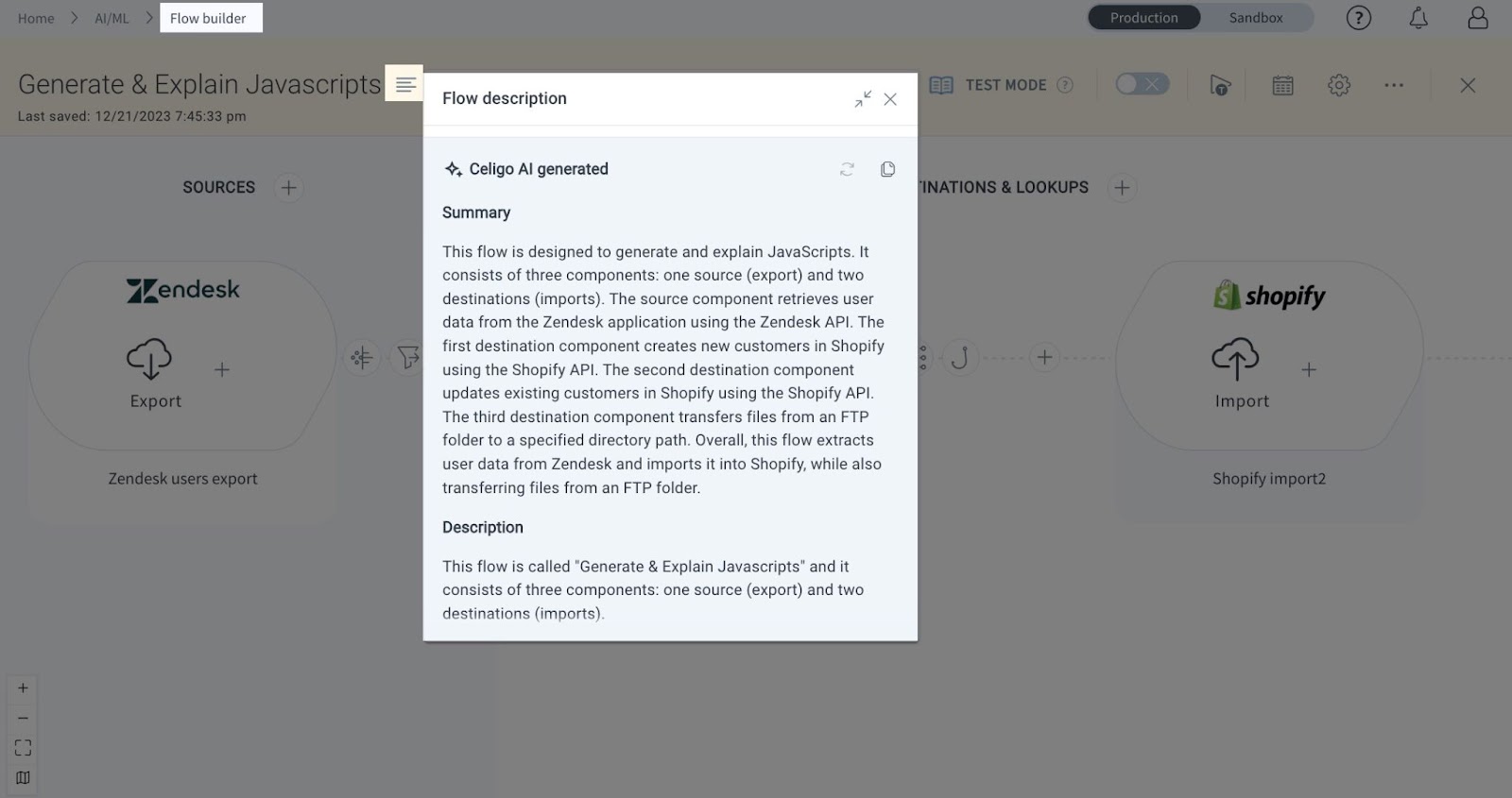 Understand AI descriptions for a flow, import, or export – Celigo Help Center