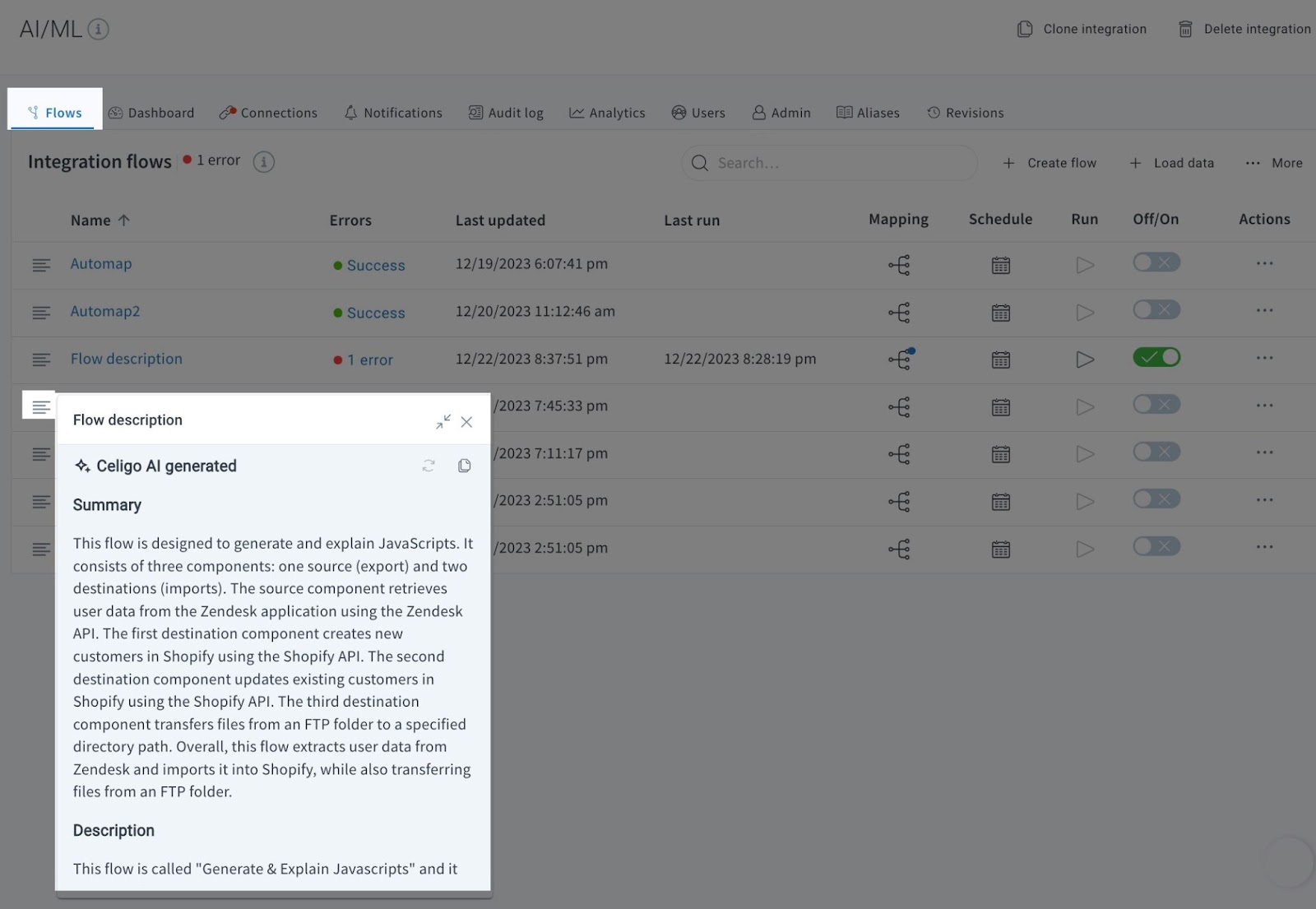 Understand AI descriptions for a flow, import, or export – Celigo Help ...