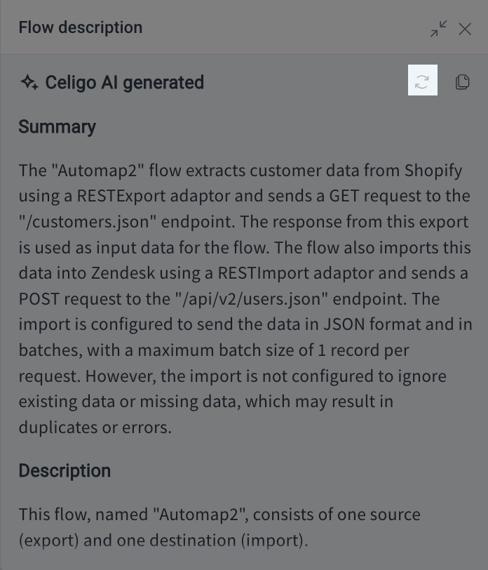 Understand AI descriptions for a flow, import, or export – Celigo Help Center