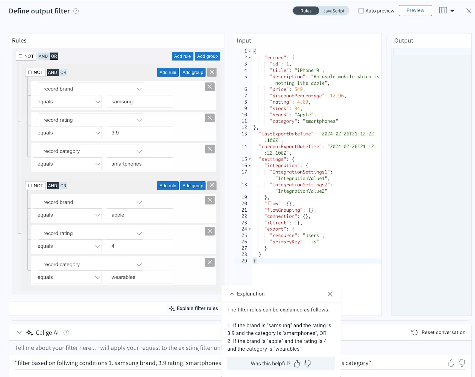 Create or explain filter rules using the Celigo AI component – Celigo Help Center