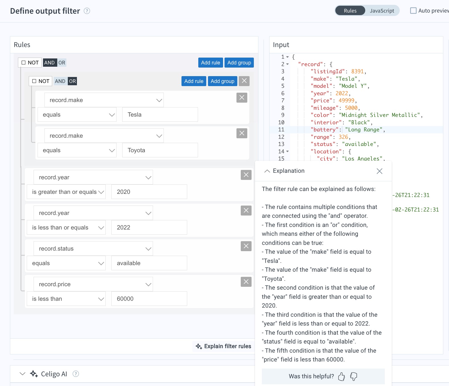 Create or explain filter rules using the Celigo AI component – Celigo Help Center